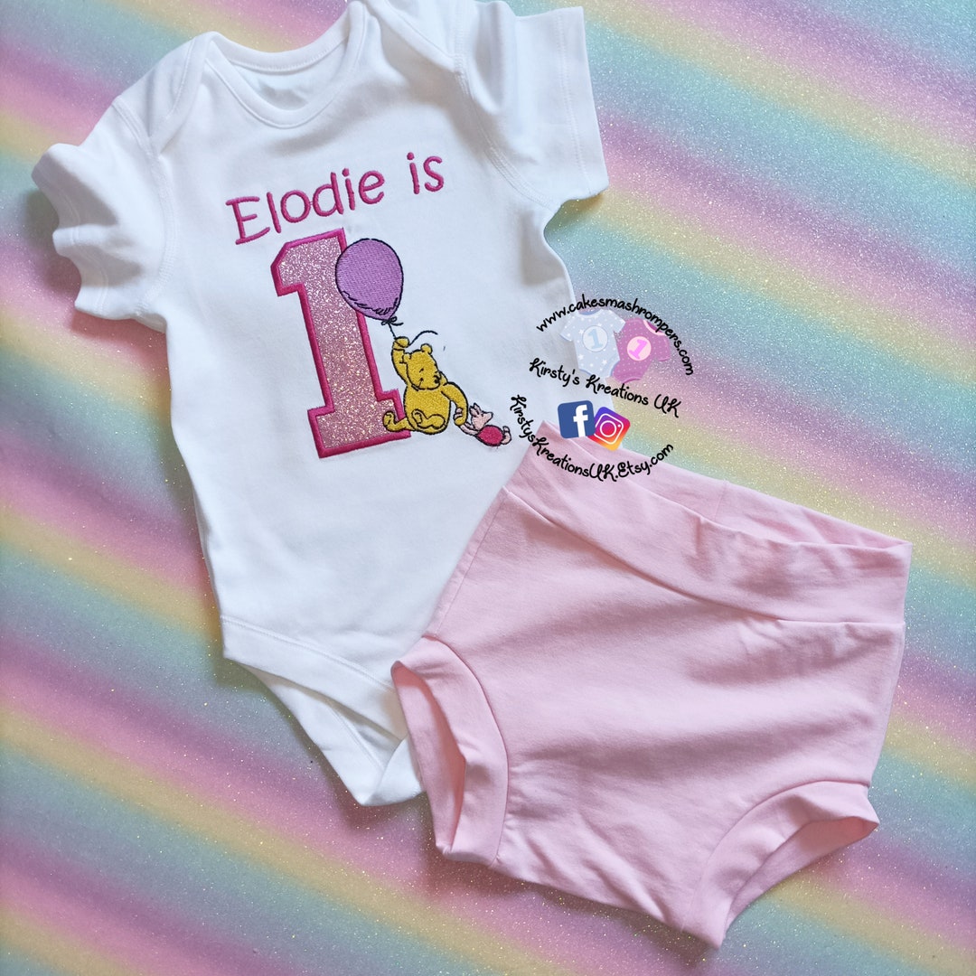Pooh Bear & Piglet up and Away Little Girls 1st Birthday Outfit Handmade Cotton Jersey Baby ...