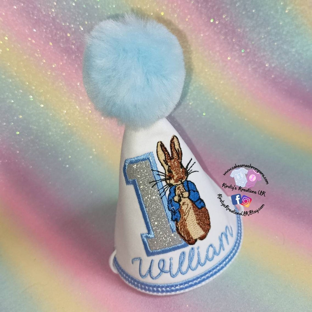 Peter Rabbit 1st Birthday Party Hat White Silver & Blue First Birthday ...
