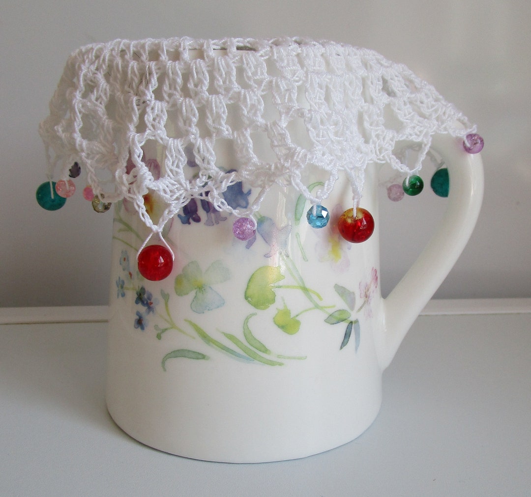 White Crochet Beaded Jug Cover - Etsy