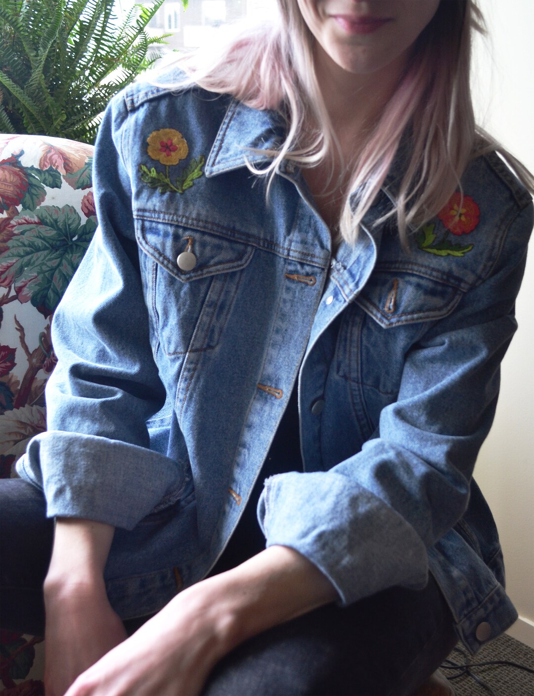 Embroidered Flower Jacket | Upcycled Jean Jacket | Flower Jacket - Etsy
