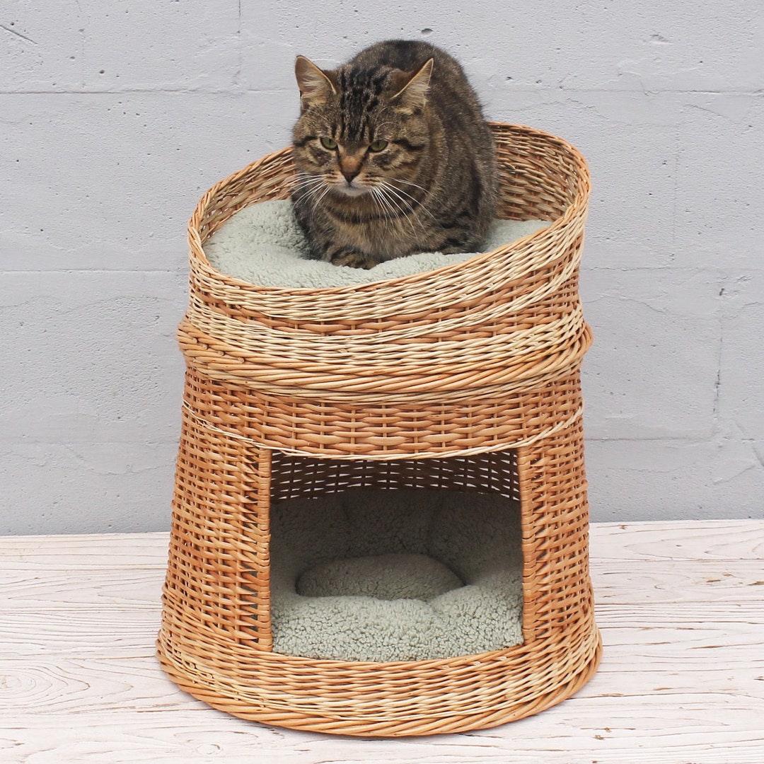 Two-tier Wicker Cat Basket Woven Cat Bed With Pillow Willow Pet House ...