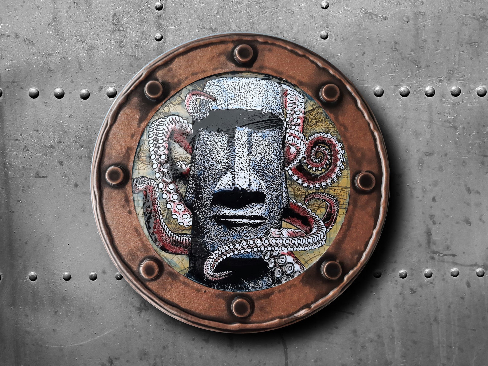 Moai Tiki Octopus Tentacles Nautical Art Porthole - Etsy