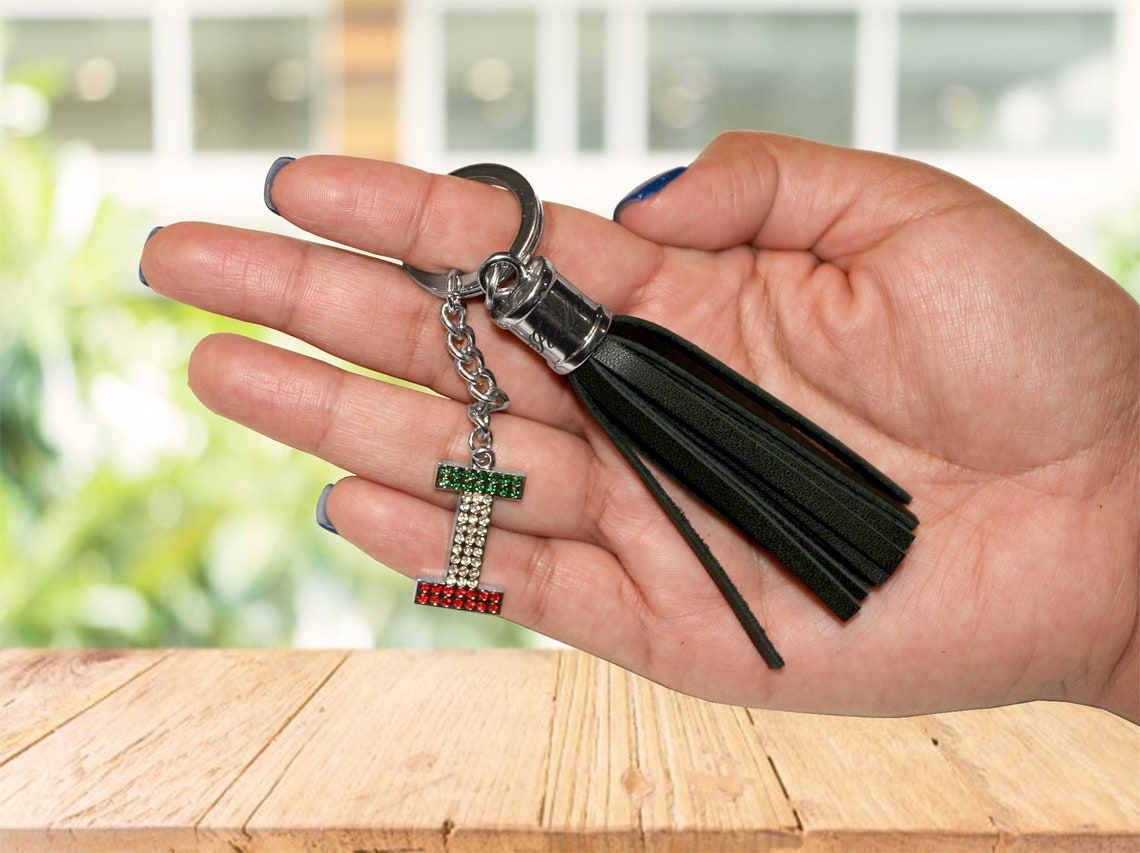 Italian Flag Jeweled I Keychain With Black Leather Tassel - Etsy