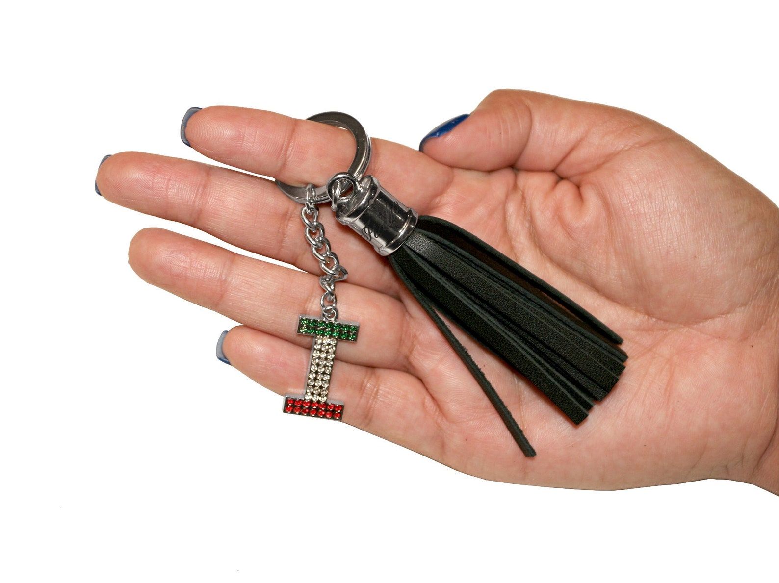 Italian Flag Jeweled I Keychain With Black Leather Tassel - Etsy