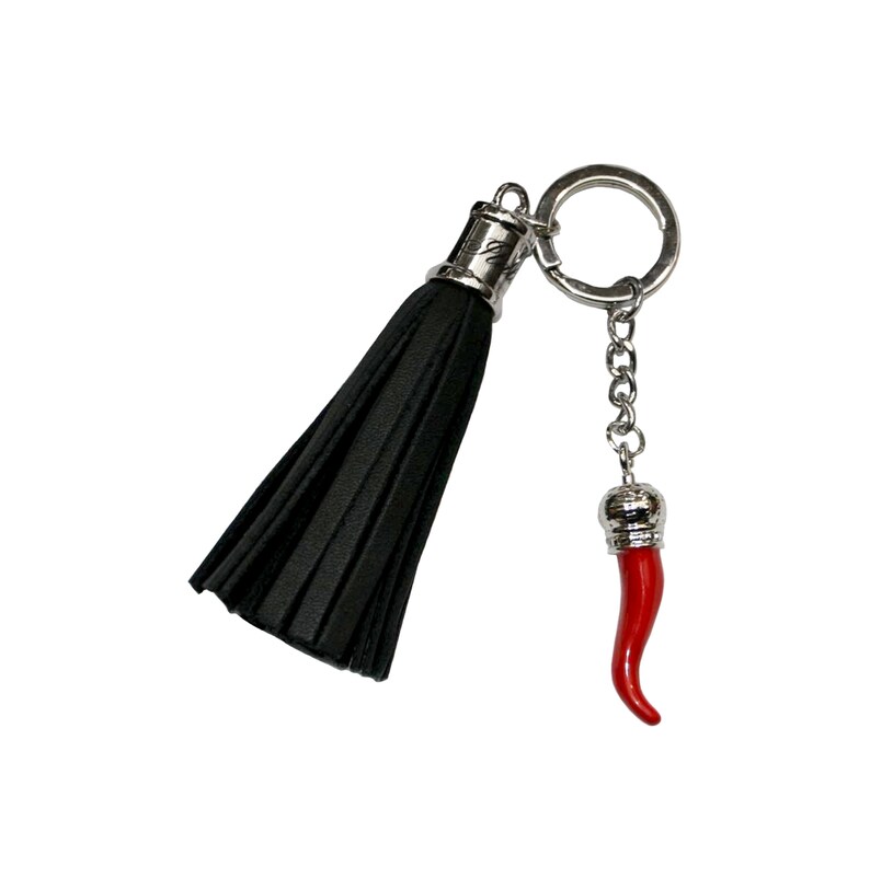 Italian Red Horn Keychain With Black Leather Tassel - Etsy