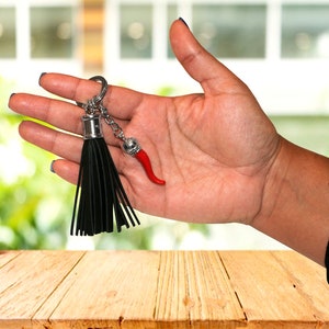 Italian Red Horn Keychain With Black Leather Tassel - Etsy
