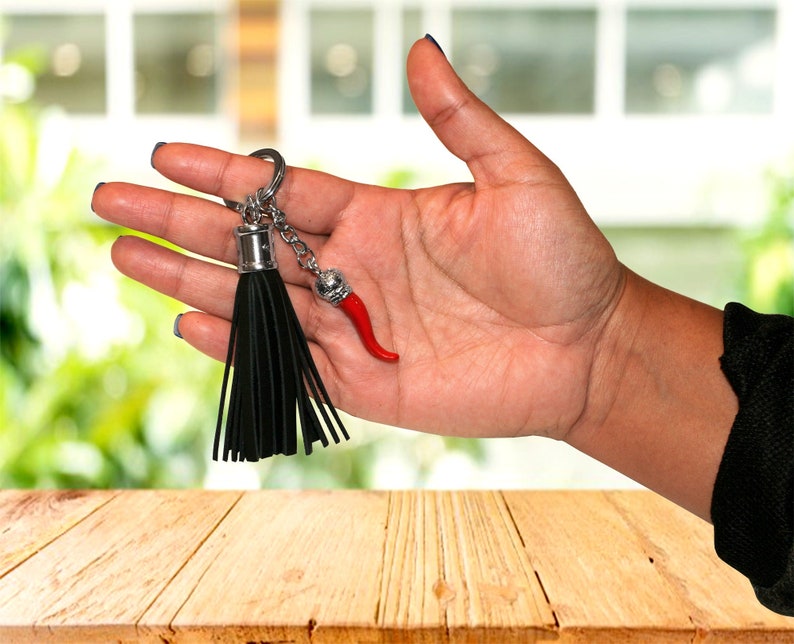 Italian Red Horn Keychain With Black Leather Tassel - Etsy