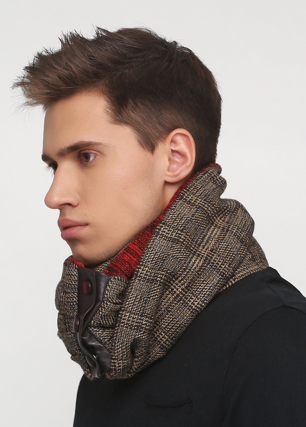 Man Wool Scarf Brown Wool Scarf Winter Scarf With Snaps Plaid - Etsy