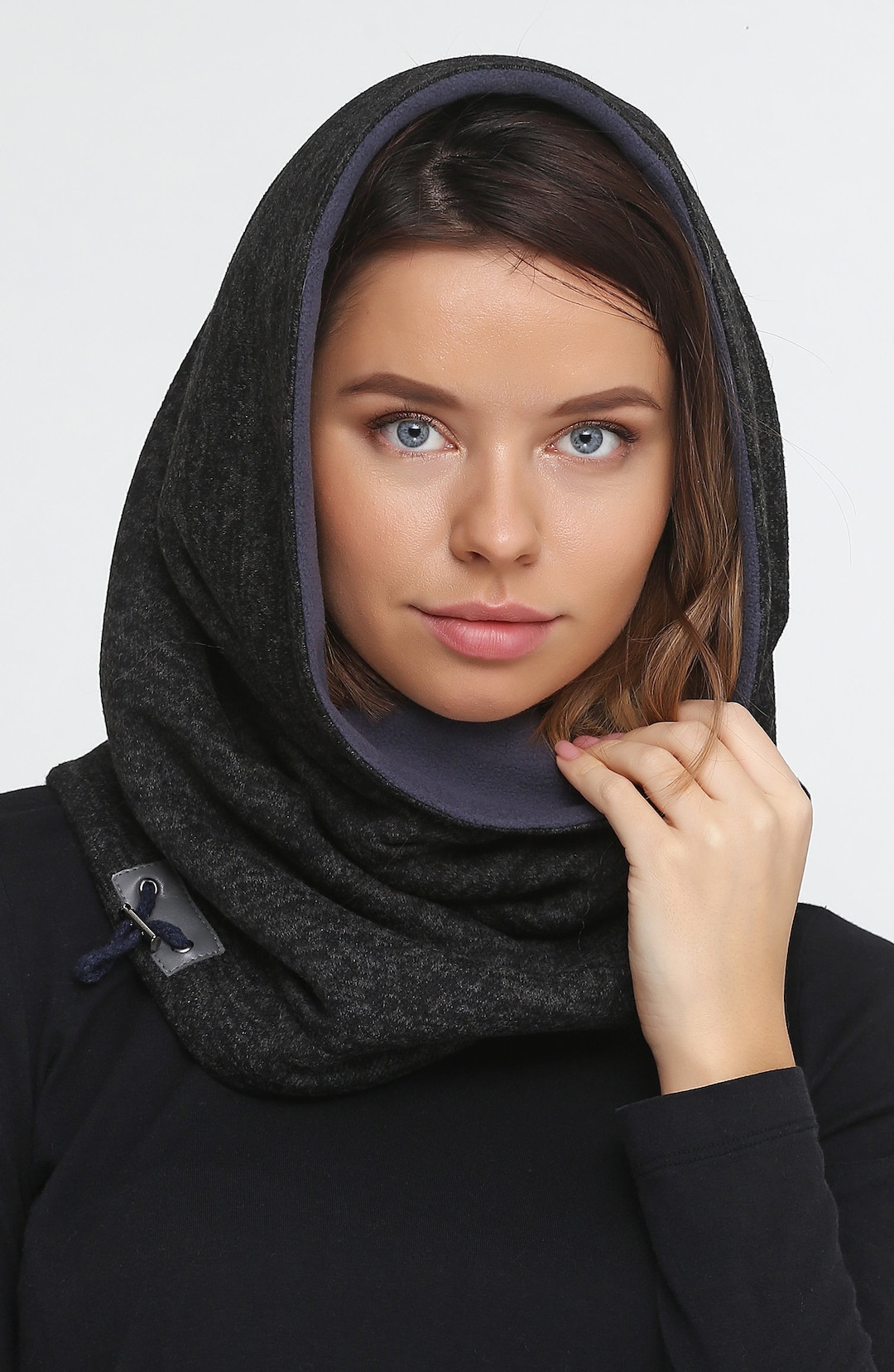 Black Hooded Scarf Dark Gray Fleece Snood Women Snood - Etsy