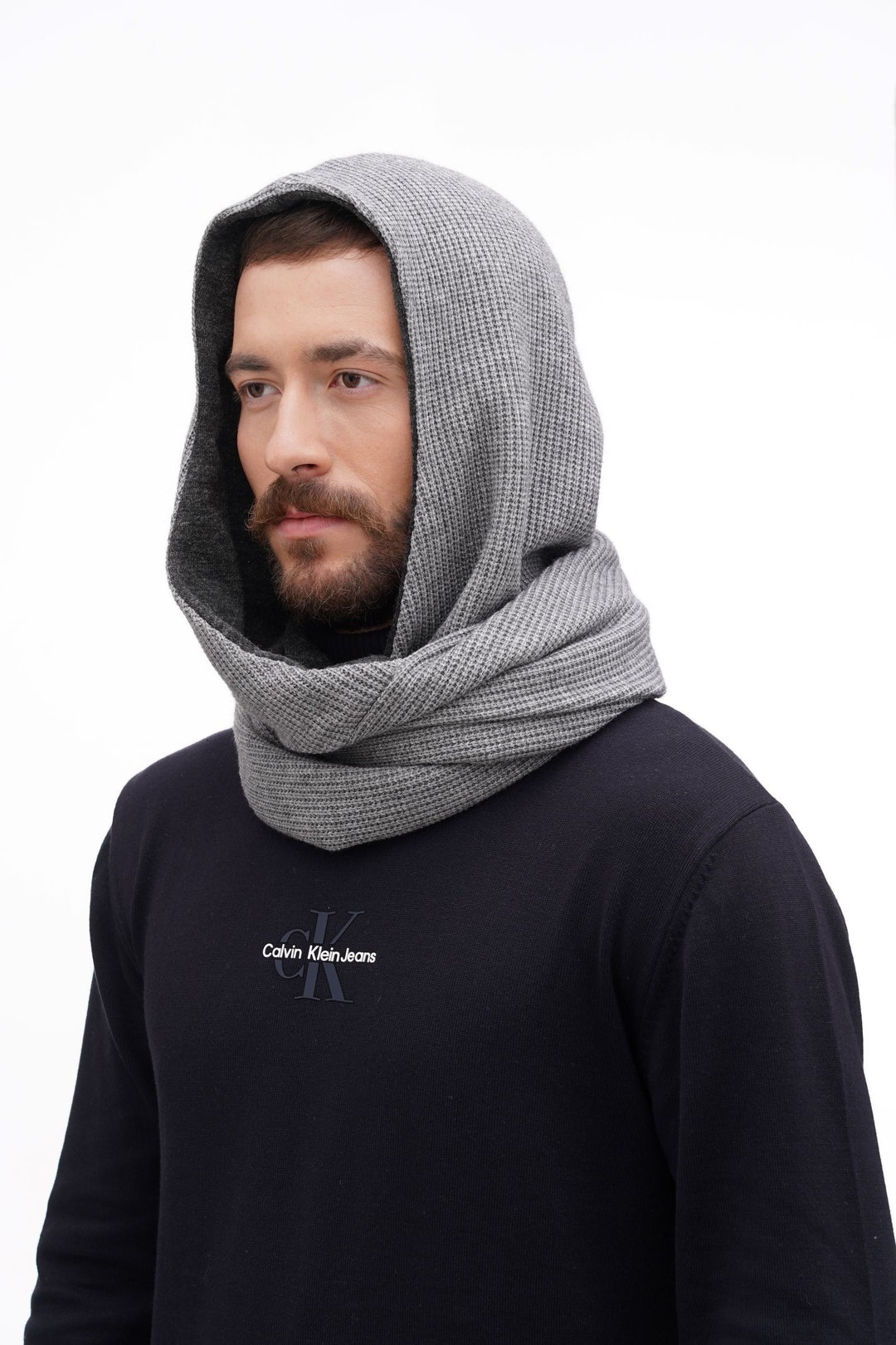 Gray Rib Knit Hooded Scarf Warm Circle Scarf With Hood Knitwear Cowl ...