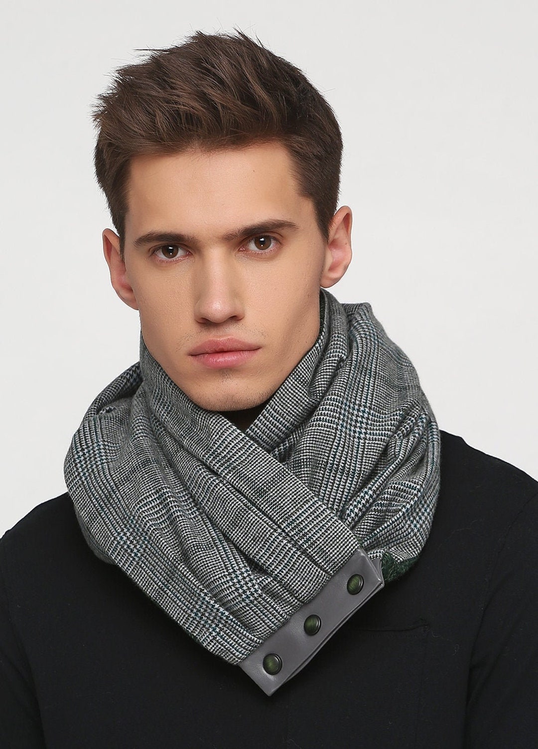 Wool Mens Plaid Scarf Green Plaid Scarf With Snaps - Etsy