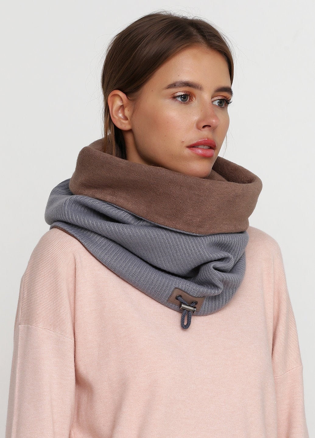 Winter womens snood Wool hooded cowl Reversable gray brown | Etsy