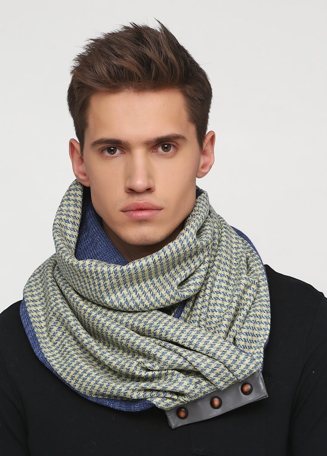 Mens Blue Scarf Wool Houndstooth Scarf Infinity Scarf With Snaps Mens ...