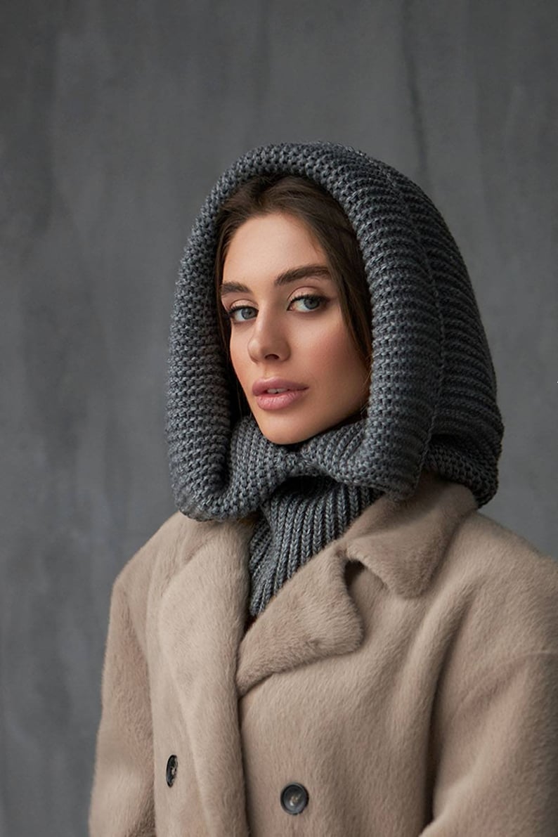 Gray Hooded Scarf Womens Snood Knitted Hooded Scarf - Etsy