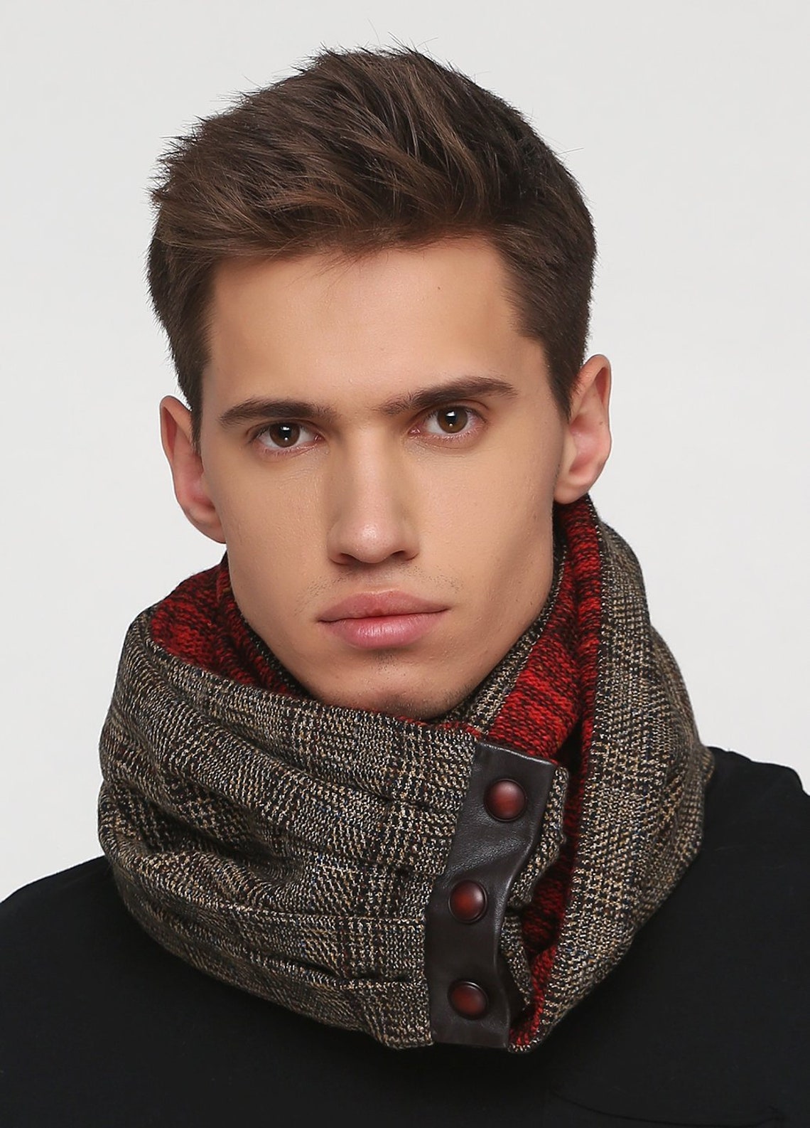 Man Wool Scarf Brown Wool Scarf Winter Scarf With Snaps Plaid - Etsy