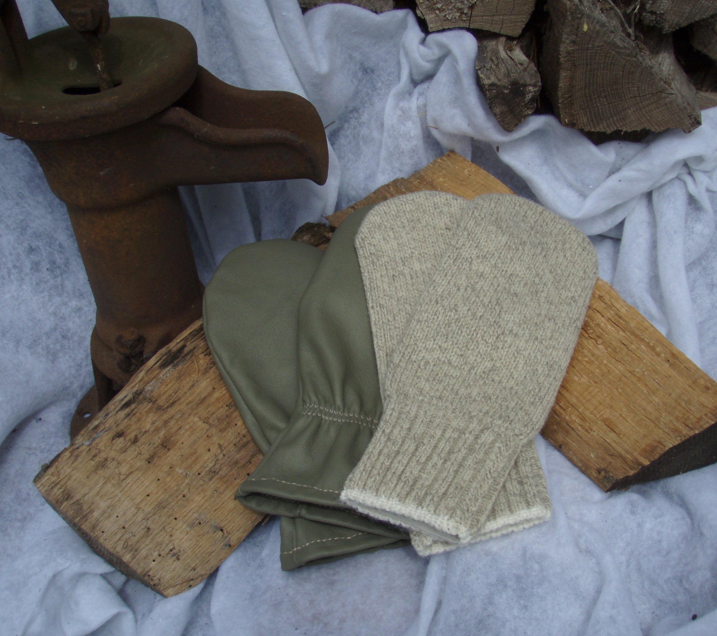 Mens Large Premium Genuine Cow Leather Army Green Chopper Mittens With ...