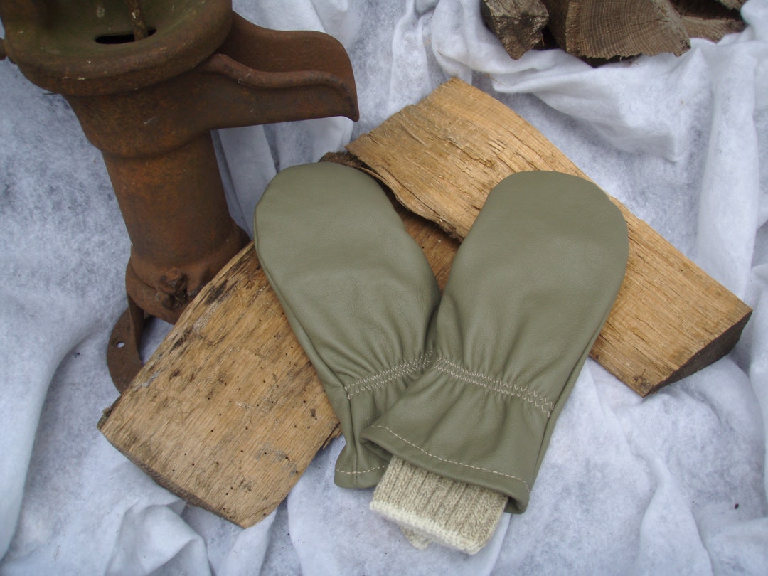Mens Large Premium Genuine Cow Leather Army Green Chopper Mittens With ...