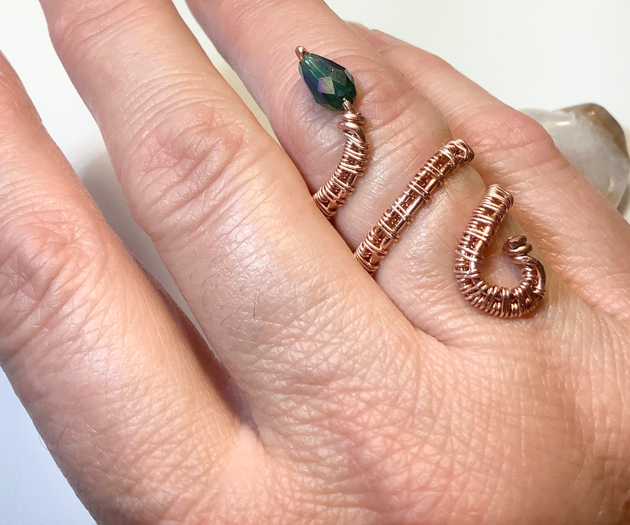 Copper Wire Weave Snake Ring With Green Crystal Teardrop Bead - Etsy