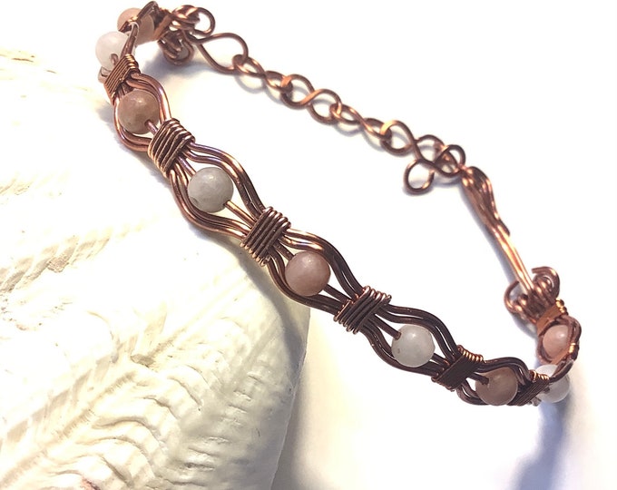 Antique Copper Wire Wrapped Beaded Bangle With Sesame Jasper Beads or ...