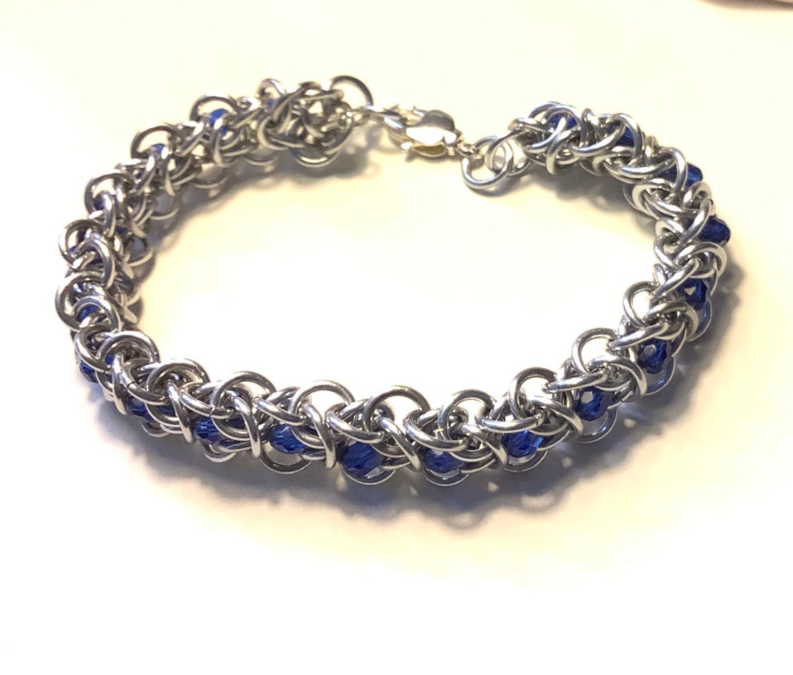 Silver Elf Weave Chainmaille Bracelet With Sapphire Blue Beads - Etsy
