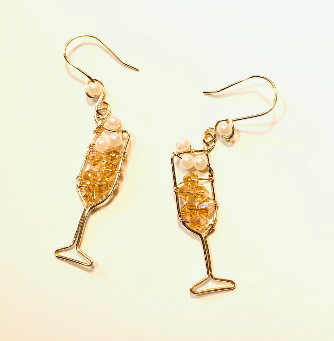 Gold Wire Wrap Champagne Glass Earrings Party Earrings New Years ...