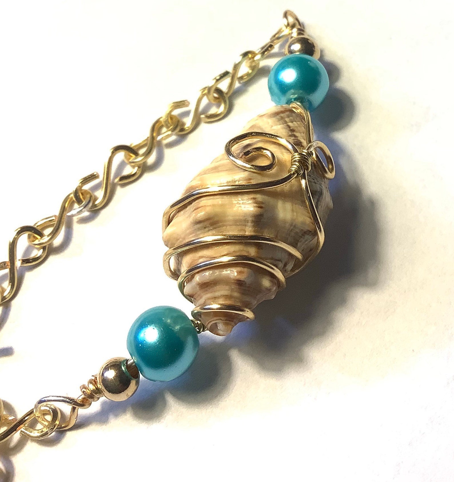 Gold Wire Wrapped Conch Seashell and Aqua Pearls Bracelet - Etsy