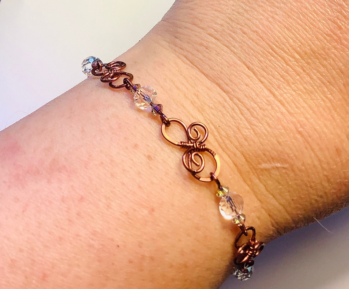 Antique Copper Infinity Link Bracelet With Clear Crystal Beads - Etsy
