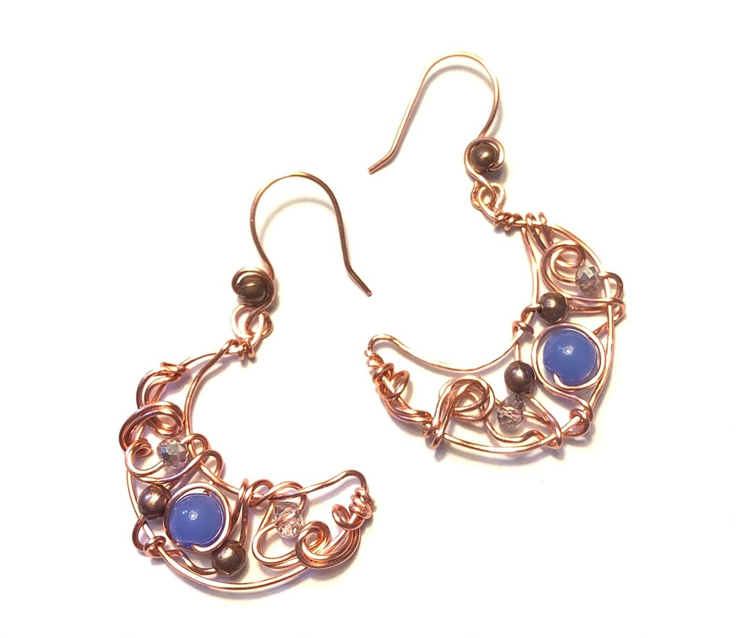 Crescent Moon Earrings With Blue Glass Beads And Crystal Beads Choose