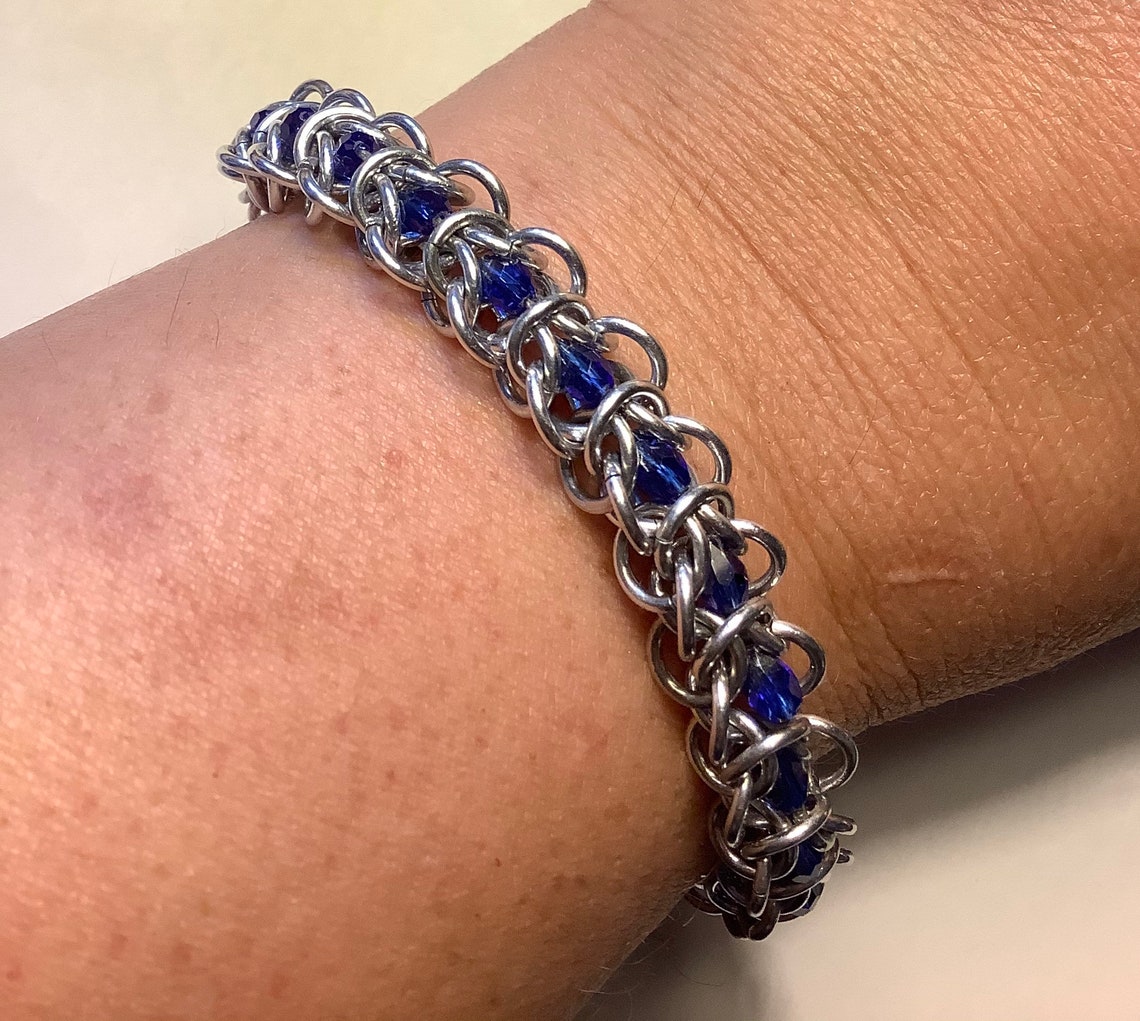 Silver Elf Weave Chainmaille Bracelet With Sapphire Blue Beads - Etsy
