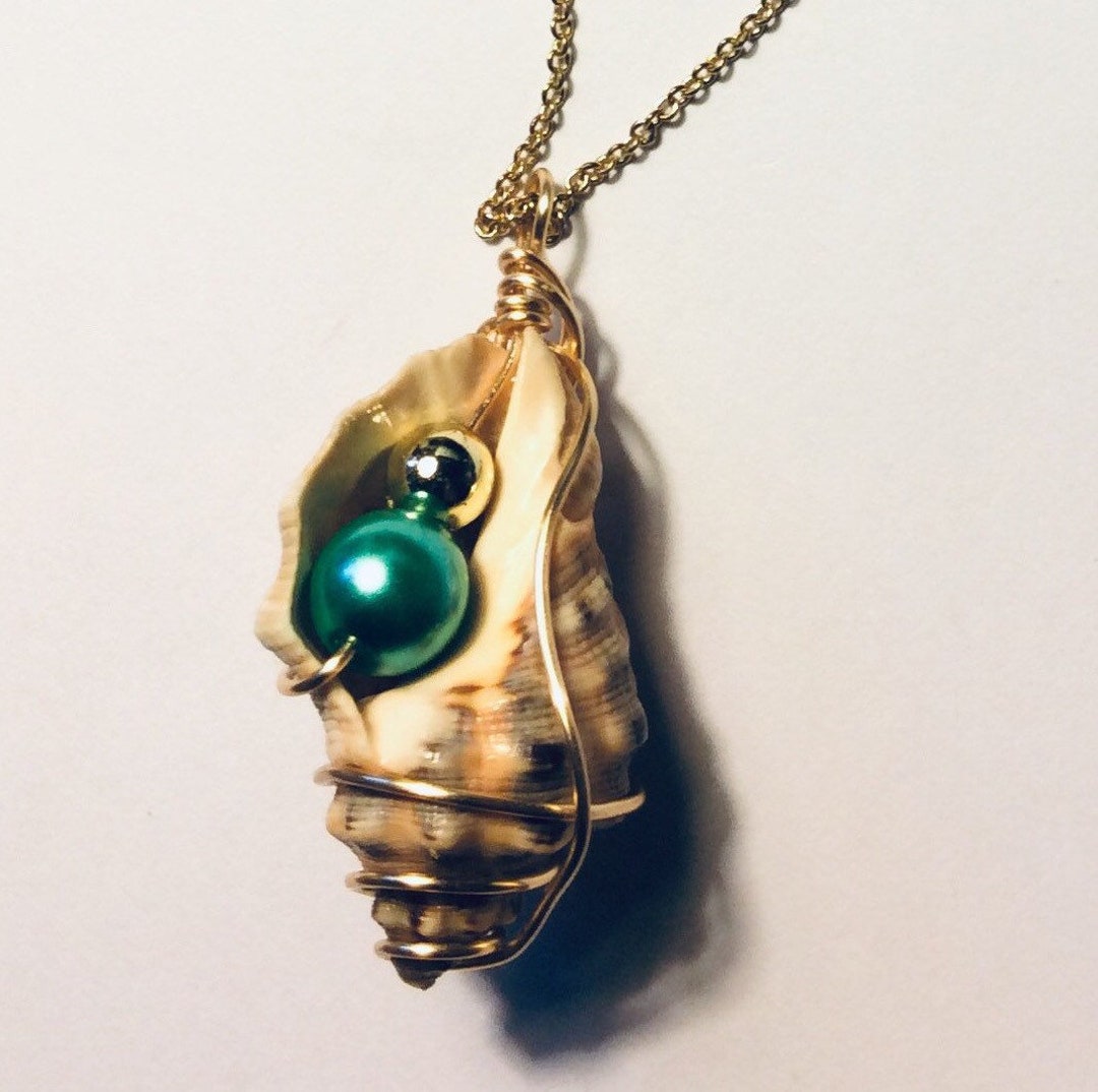 Conch Seashell Pendant Gold Wire Wrapped With Gold Bead and Green Pearl ...