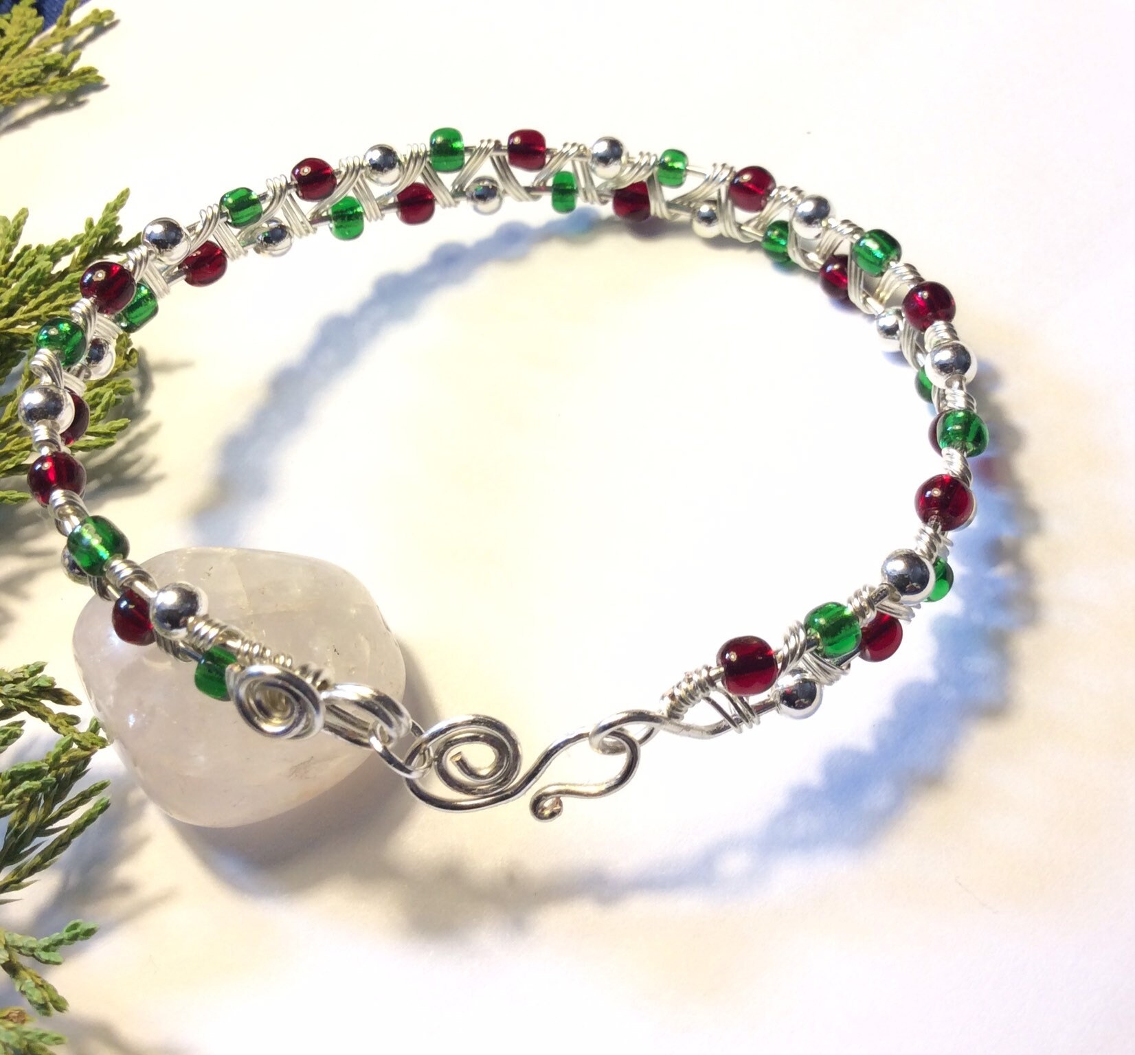 Silver Wire Zig Zag Christmas Cuff Bracelet With Red Green - Etsy