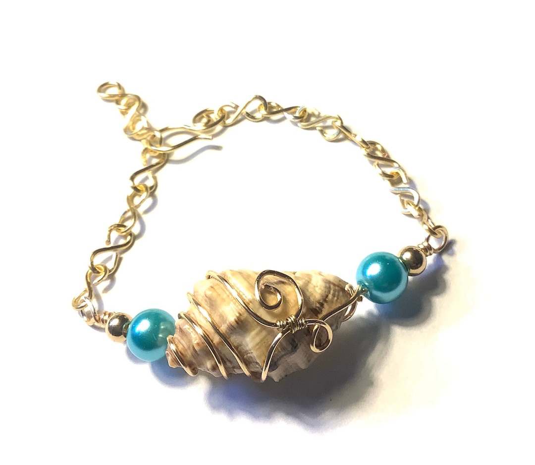 Gold Wire Wrapped Conch Seashell and Aqua Pearls Bracelet - Etsy