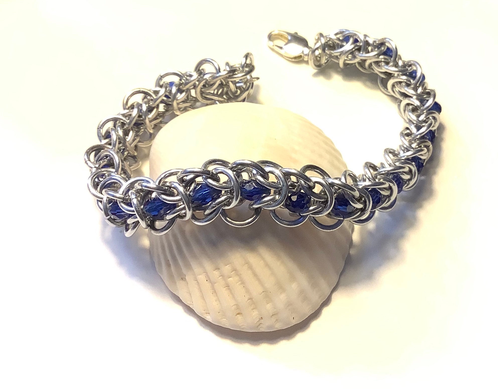 Silver Elf Weave Chainmaille Bracelet With Sapphire Blue Beads - Etsy