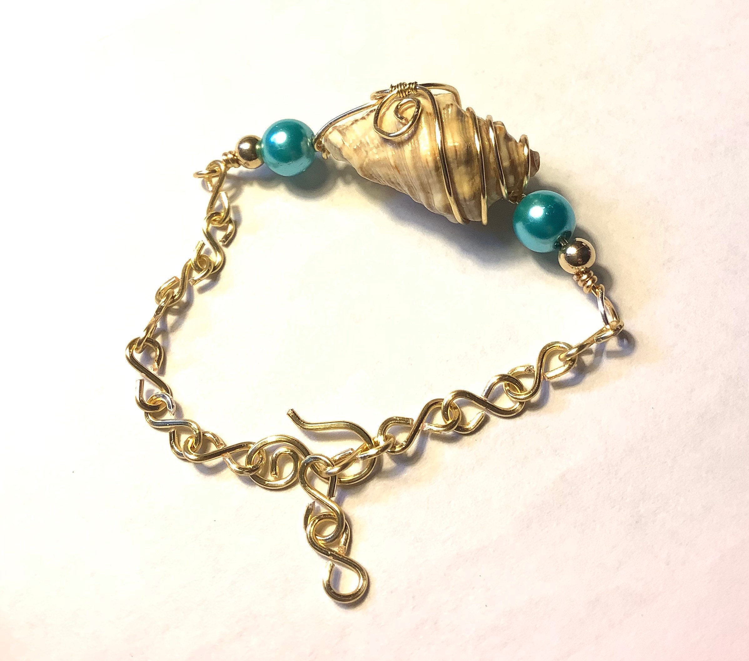 Gold Wire Wrapped Conch Seashell and Aqua Pearls Bracelet - Etsy