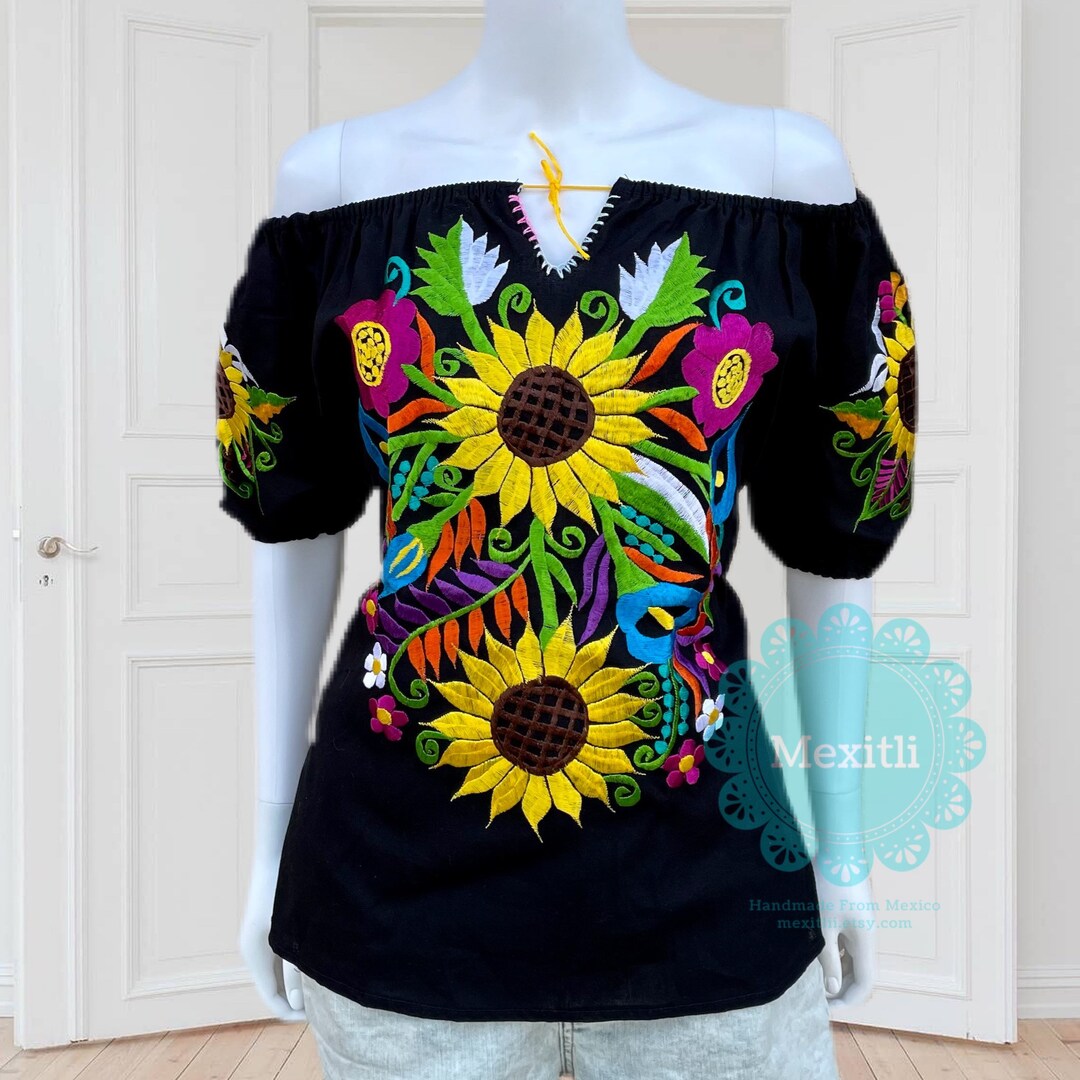Front Tie off the Shoulder Floral Embroidered Mexican Blouse, Sunflower ...