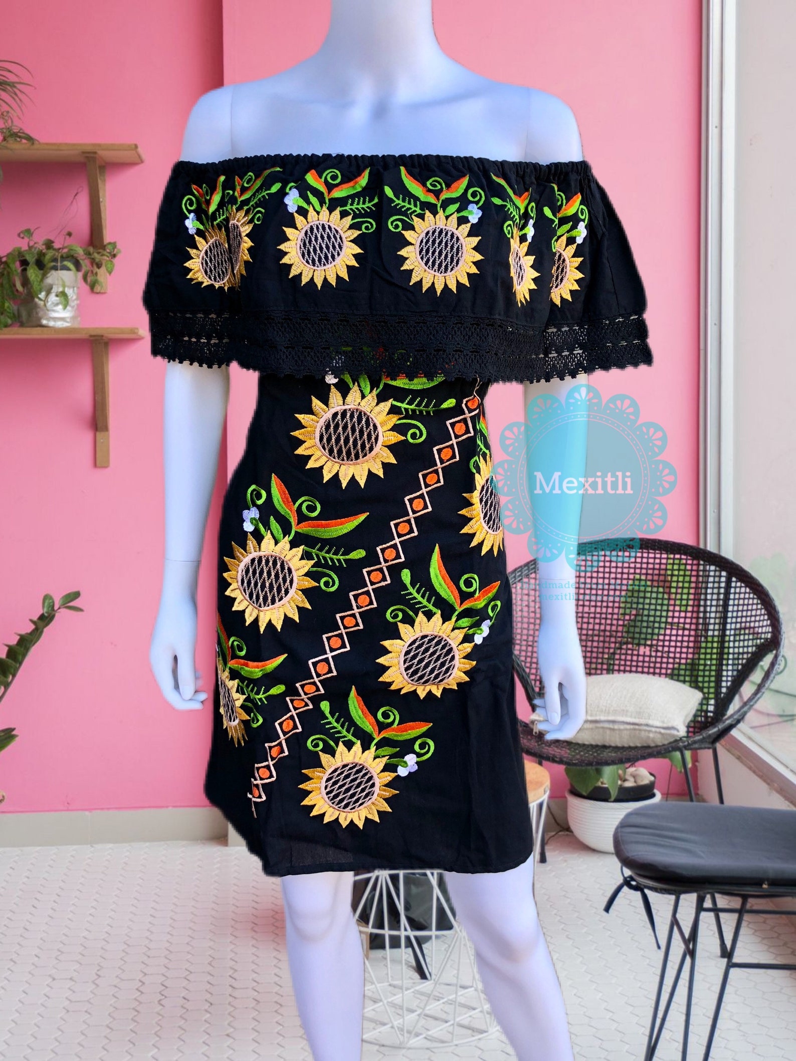 Mexican Lace Trim Off the shoulder DressMexican Sunflower | Etsy