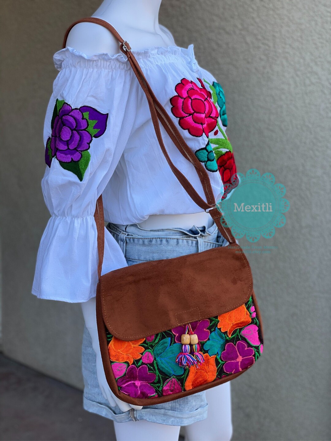 Floral Embroidered Faux Suede Handbag , Crossbody Bag, Mexican Shoulder ...