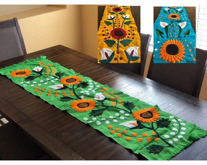 Handwoven Sunflower Embroidered Mexican Table Runner, Sunflower Table ...