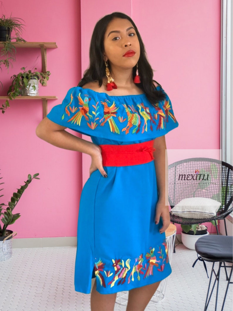 M Mexican Otomi Embroidery Dress off the Shoulder Mexican - Etsy