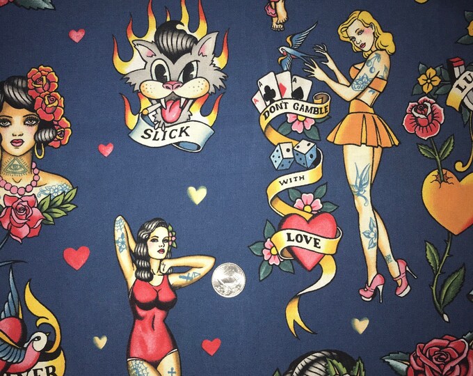 Tattoo Fabric Tattoo Doodle on Blue on White by Caja Design Tattoo ...