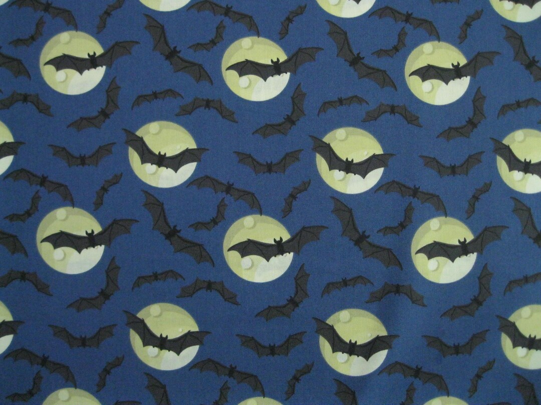 Navy Blue Night Sky Cotton Fabric | Yellow Moon, Black Bats Halloween ...