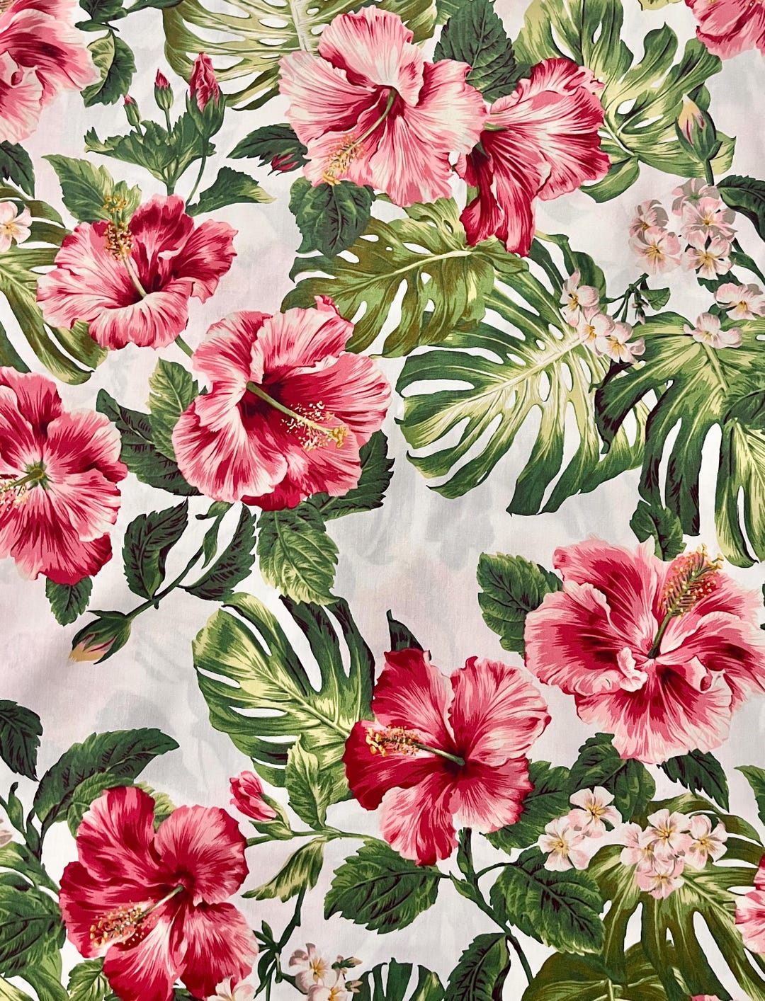 Hibiscus/monstera Hawaiian Cotton Fabric for Sale Bty/by the Yard/white Hawaiian/red Hibiscus - Etsy