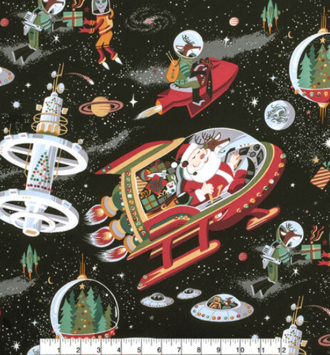 Christmas Fabric - Alexander Henry Santa's in Space on Black Christmas ...