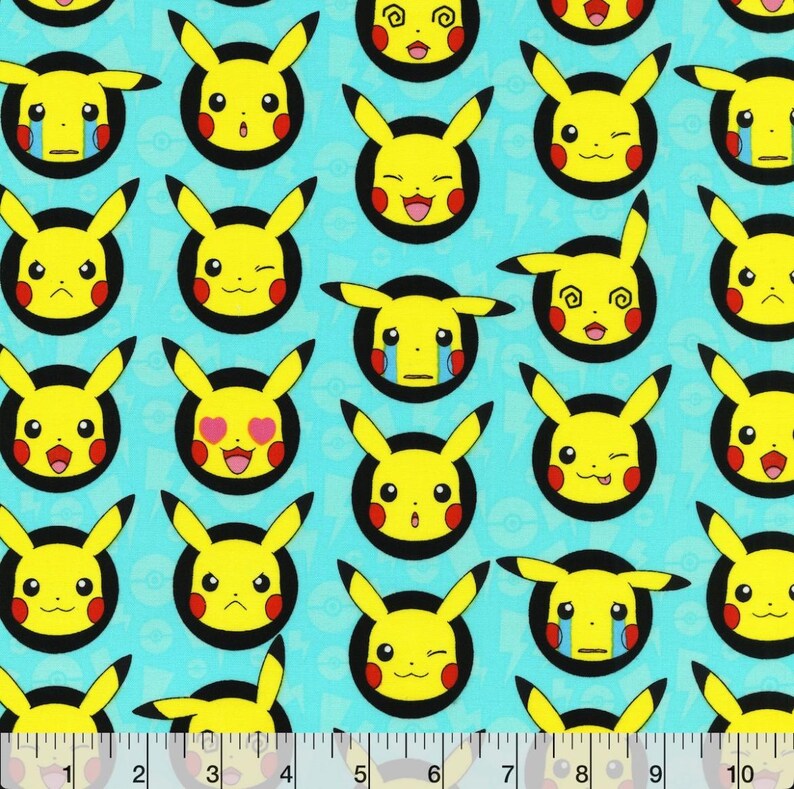 Pikachu Emoji Faces Fabric | Blue Cartoon Cotton, Quilting & Crafts - Etsy