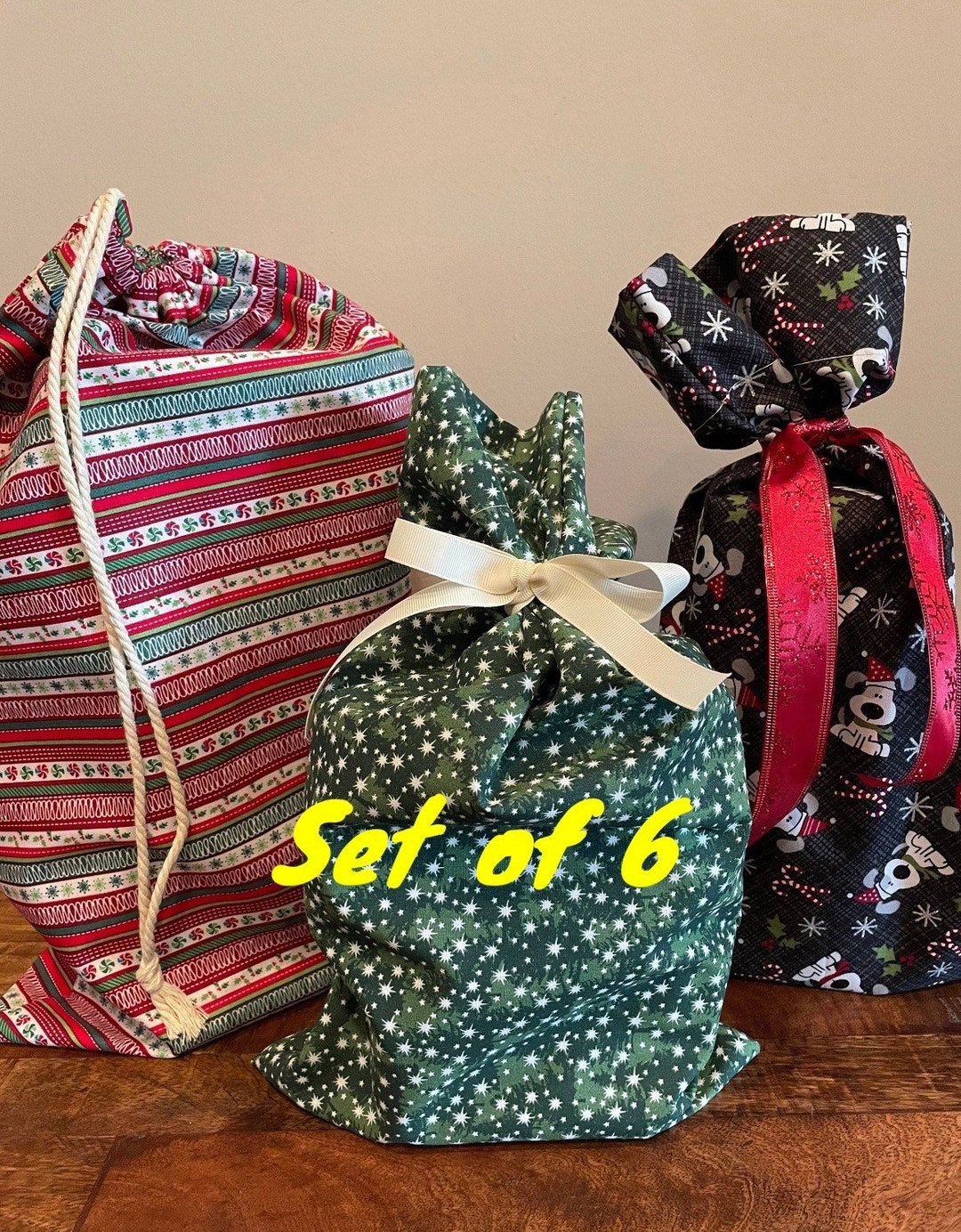 Set of 6 Christmas Fabric Gift Bags, Reusable, Zero Waste, Eco Friendly ...