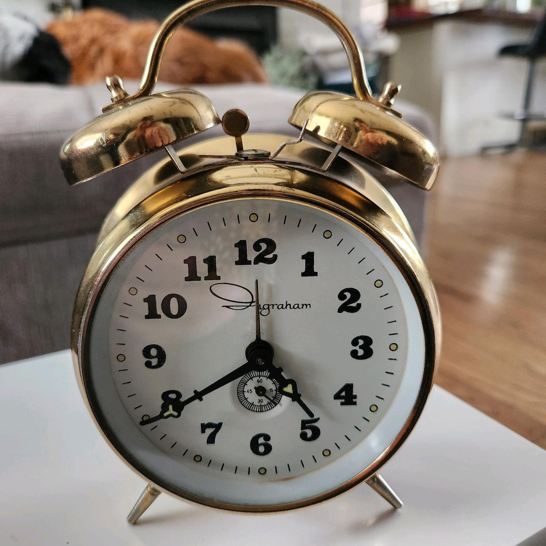Vintage Ingraham Two Bell Alarm Clock, Fully Functional, Wind Up, Gold ...