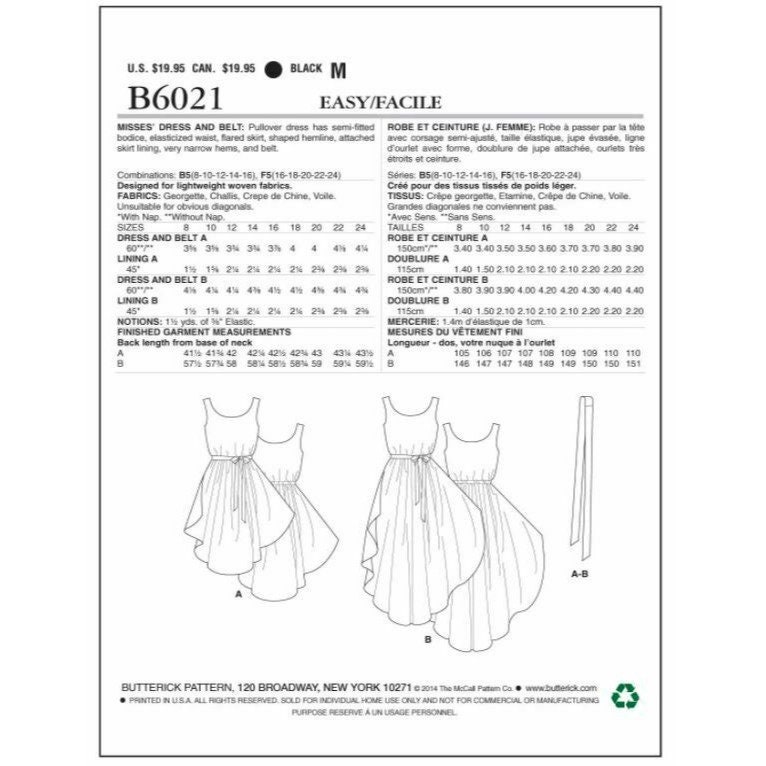 Butterick Sewing Pattern 6021 Misses Dress Belt Size 8-16 - Etsy UK