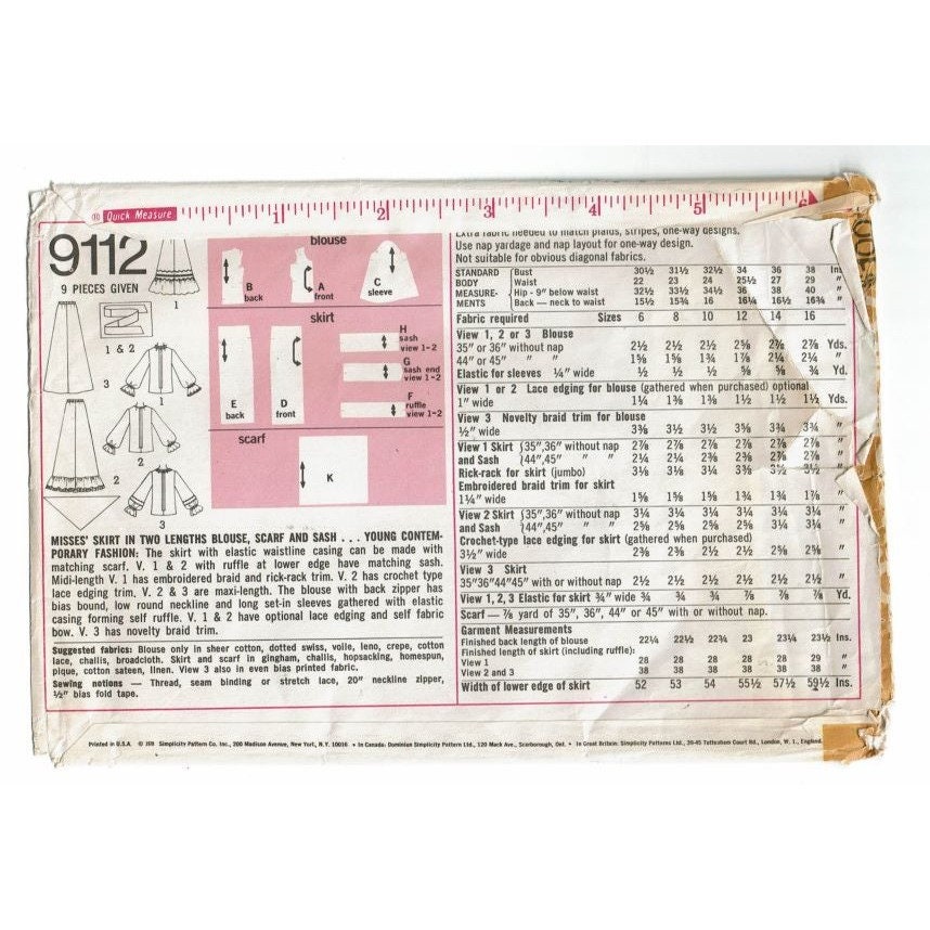 Simplicity Sewing Pattern 9112 Skirt Blouse Scarf Sash Misses - Etsy