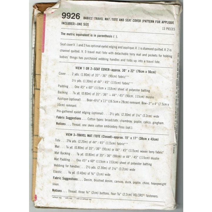 Simplicity Sewing Pattern 9926 Babies Car Seat Cover Travel Changing ...