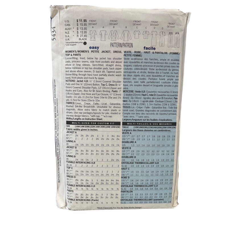 Butterick Sewing Pattern 5434 Delta Burke Wardrobe Misses Size 22W-26W ...